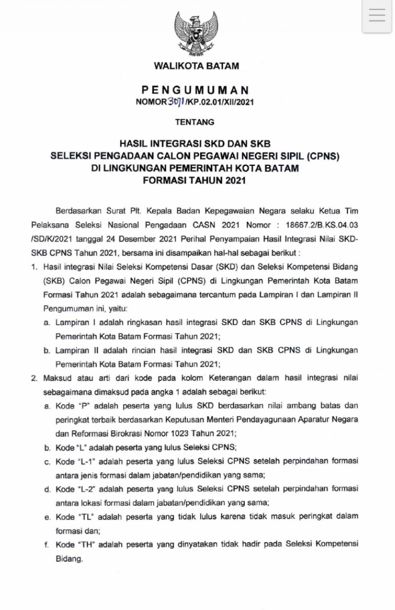 Pengumuman Hasil Integrasi SKD dan SKB Seleksi Pengadaan CPNS dilingkungan Pemko Batam Formasi ...
