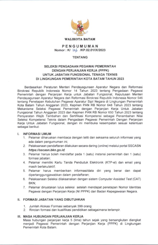 PENGUMUMAN SELEKSI PENGADAAN PEGAWAI PEMERINTAH DENGAN PERJANJIAN KERJA (PPPK) UNTUK JABATAN ...