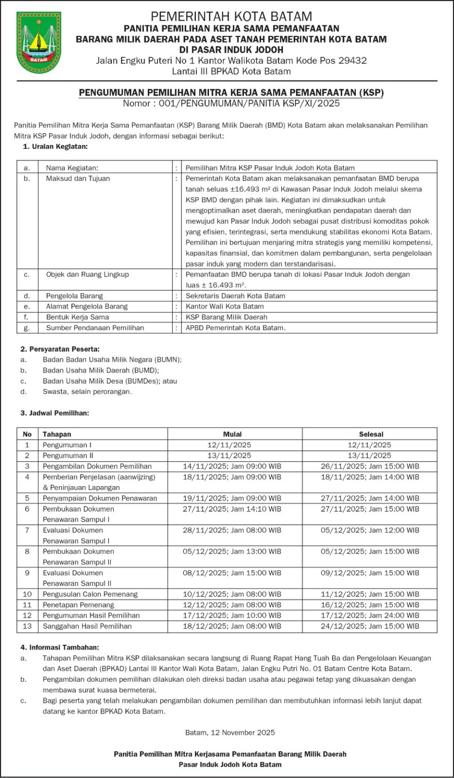 Pengumuman Pemilihan Mitra KSP Pasar Induk Jodoh Kota Batam - Media Center